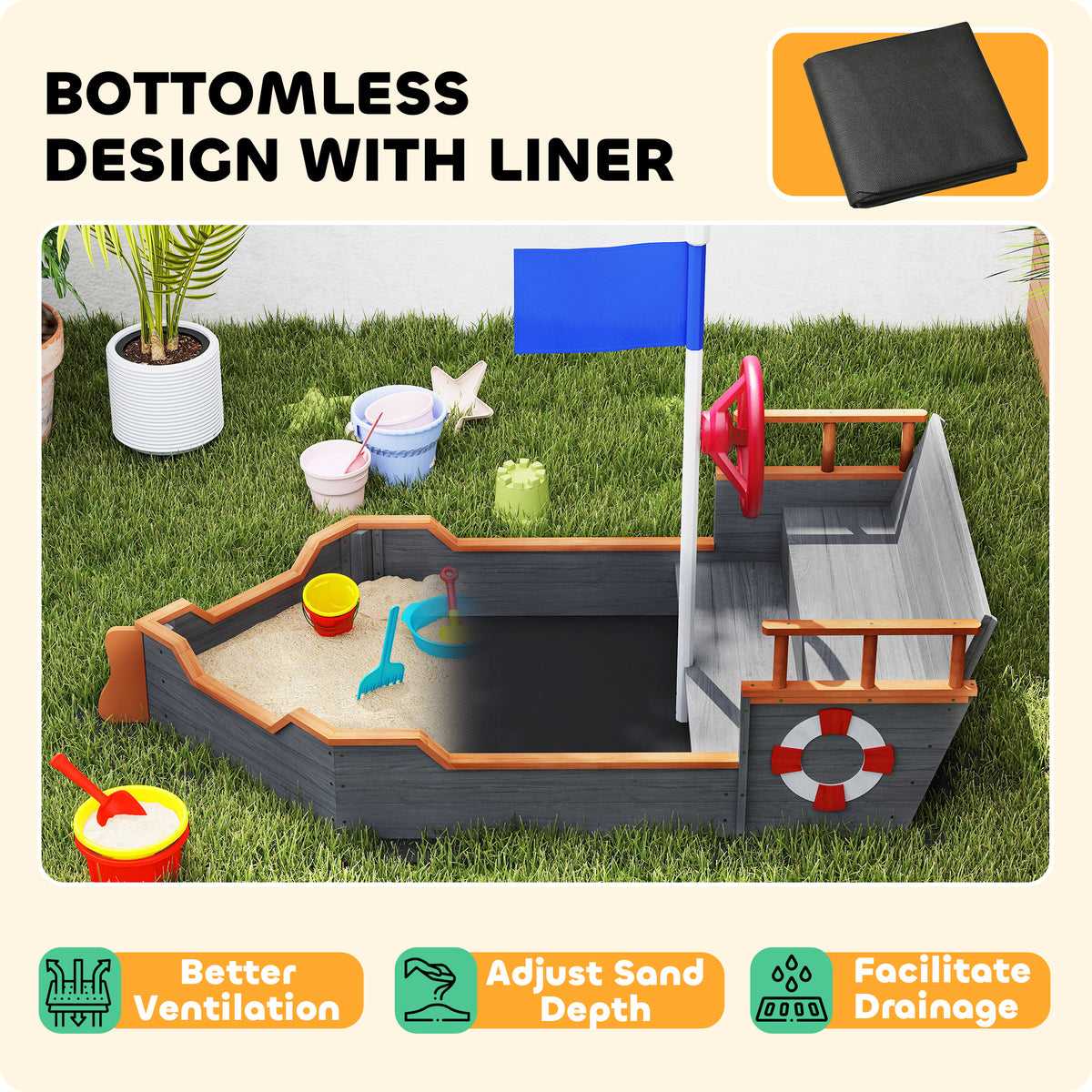 Kids Wooden Sandbox Pirate Ship Sandboat W Bench Seat Storage Space Ce ...